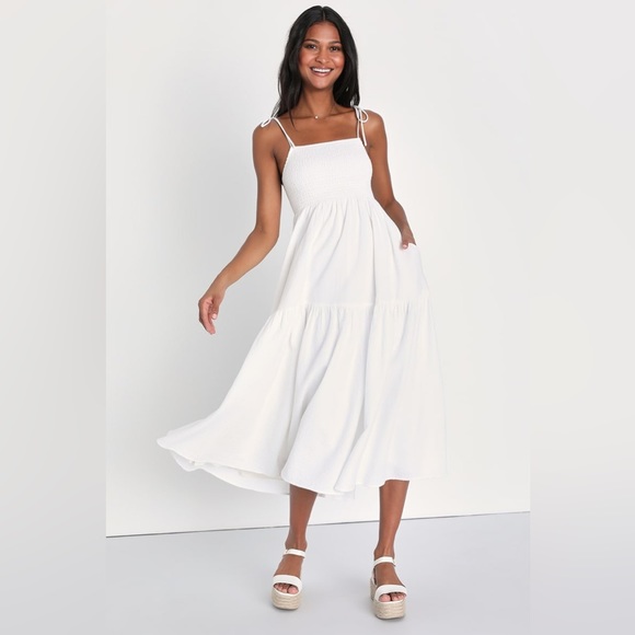 Lulus | Dresses | Effortlessly Simple White Tiestrap Midi Dress With ...